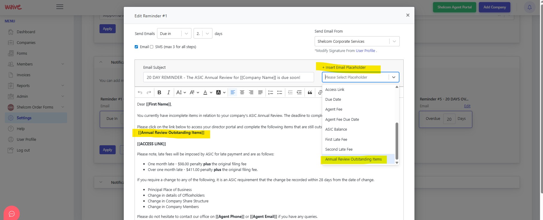Outstanding Items Placeholder for Annual Review Email Reminders